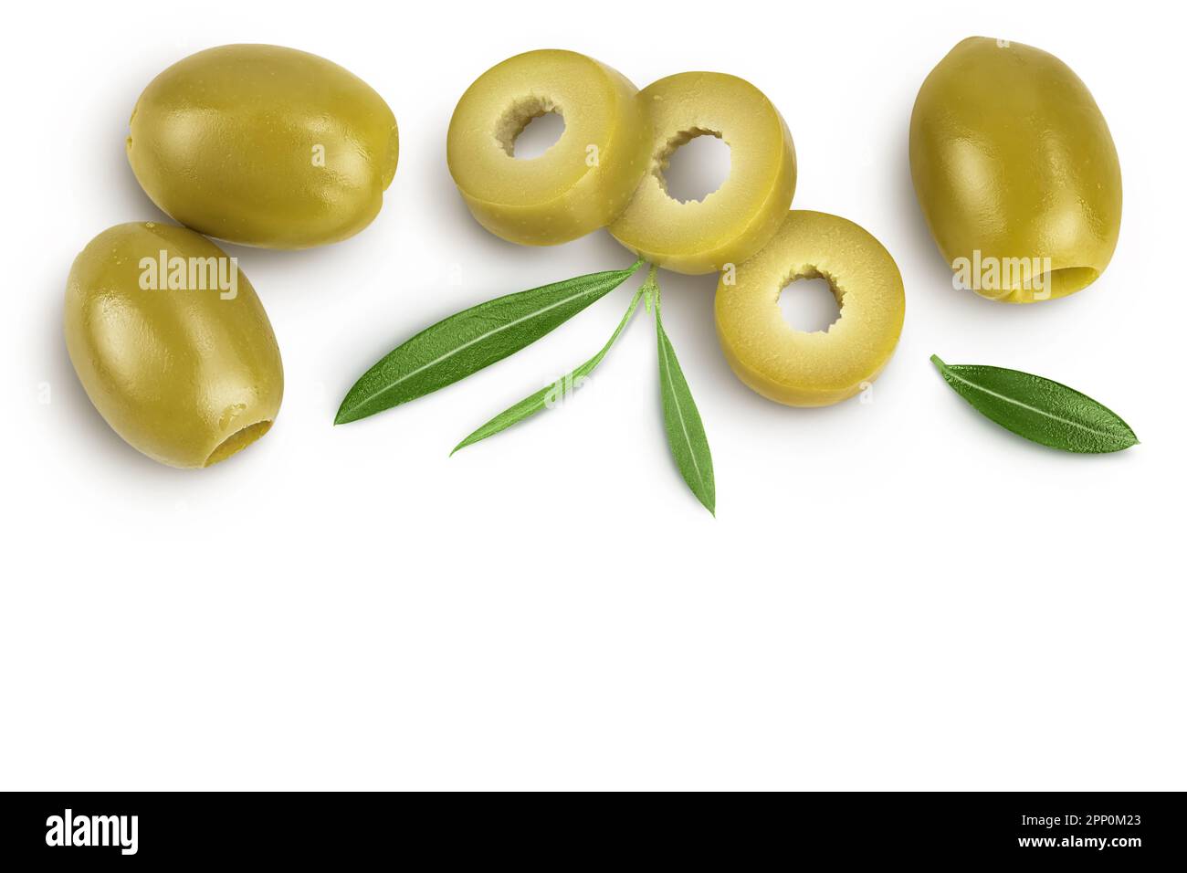Green olives with leaves isolated on a white background with full depth ...