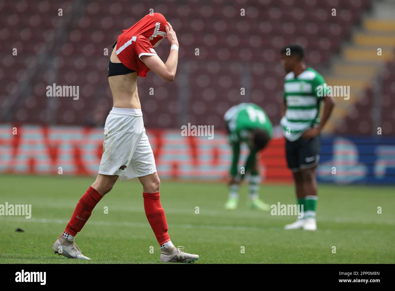 Geneva, Switzerland, 21st April 2023. Finn Stam of AZ Alkmaar reacts as ...