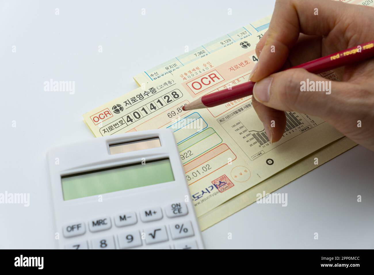 Tax related concept with various utility bills and receipts Stock Photo ...