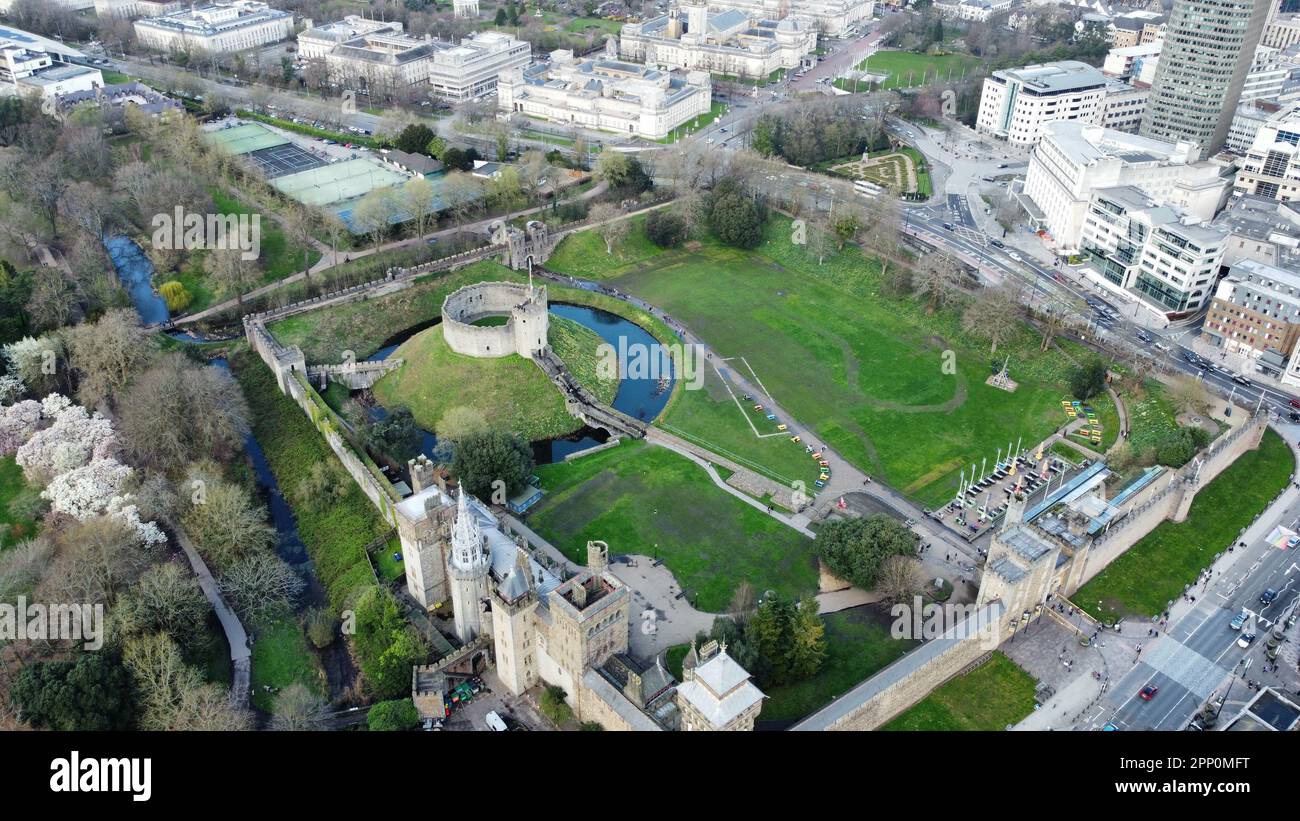 Aerial view of the historic Cardiff Castle situated atop a lush green ...
