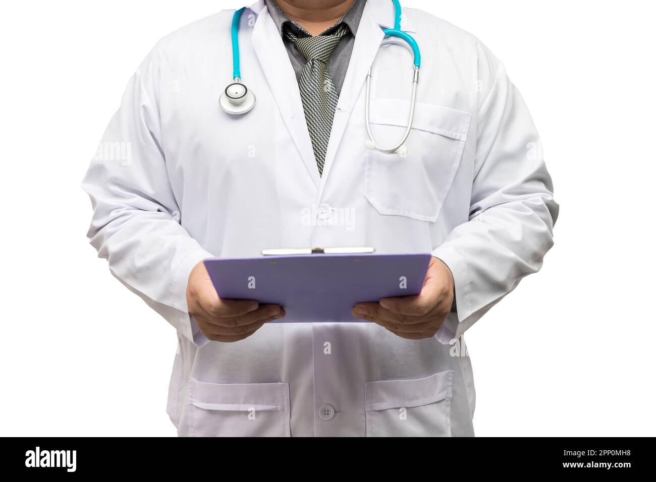 Doctor standing with stethoscope and holding chart diagnose isolated on ...
