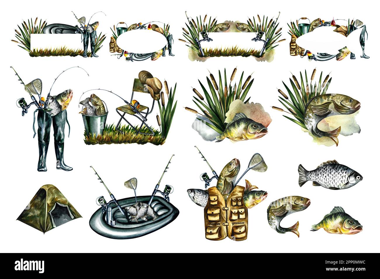Fishing. Set of fishing compositions and frames. Isolate on white ...