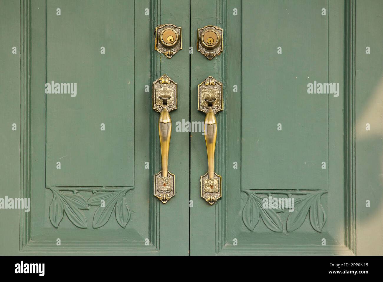 Door Handles Old brass on the green door Used to close or open the door ...