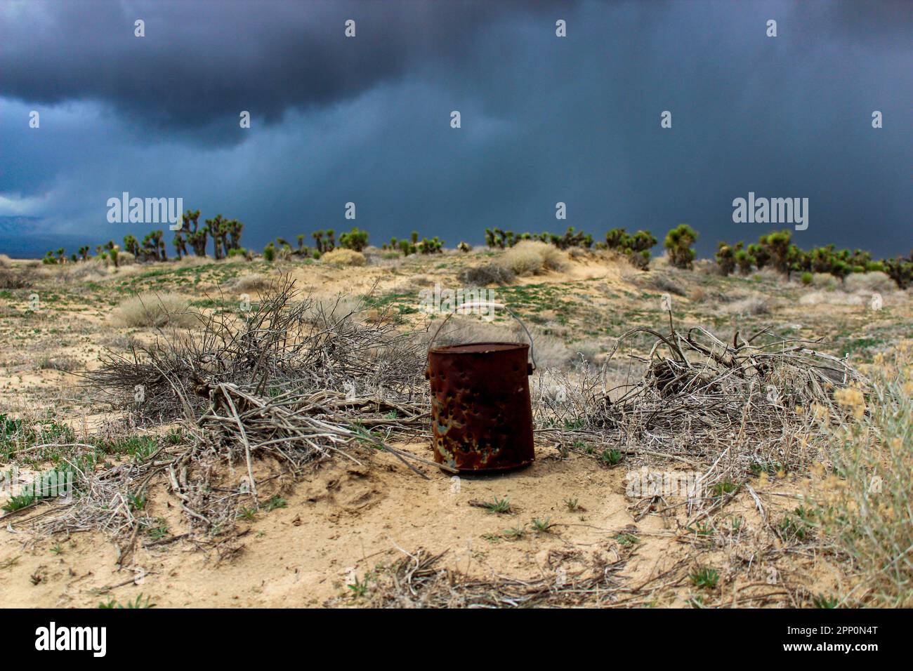A rusty tin can in the middle of a deserted field, used for target ...