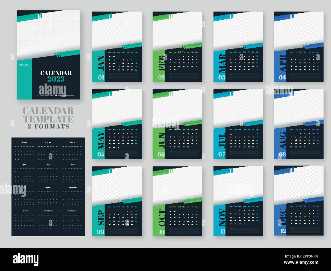 2 Formats Complete Set Of 2023 Yearly Calendar Template With Space For ...