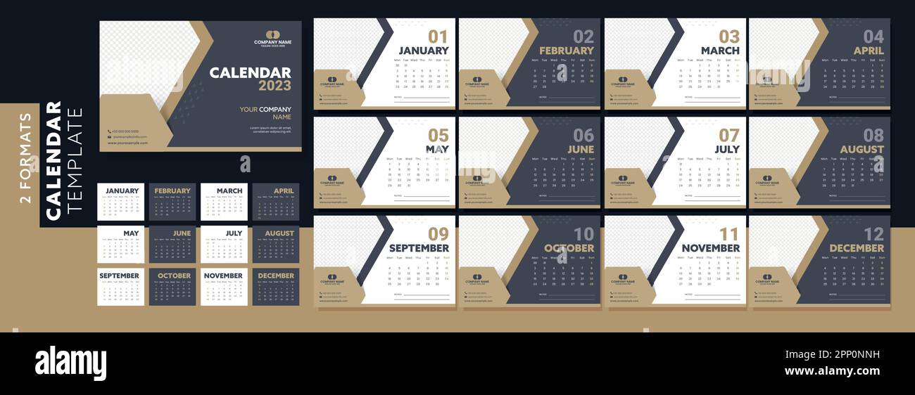 2 Formats Complete Set Of 12 Month, 2023 Calendar Template Layout With ...