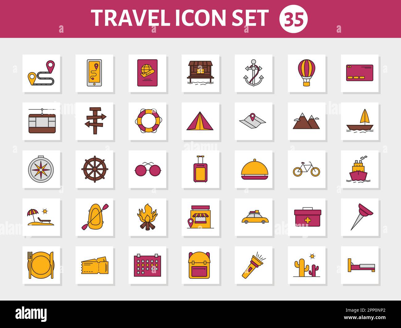 Flat 35 Travel Icon Set In Pink And Yellow Color Stock Vector Image ...