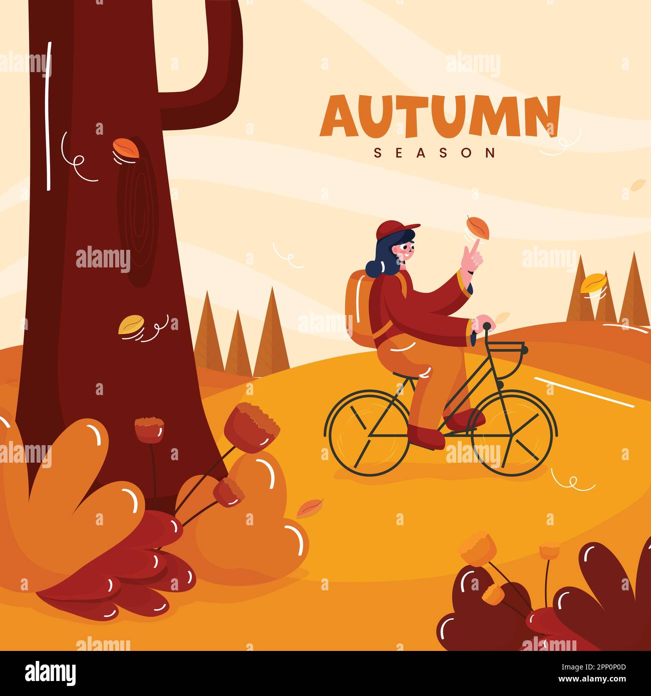 Autumn Season Background With Young Girl Riding On Bicycle Illustration ...