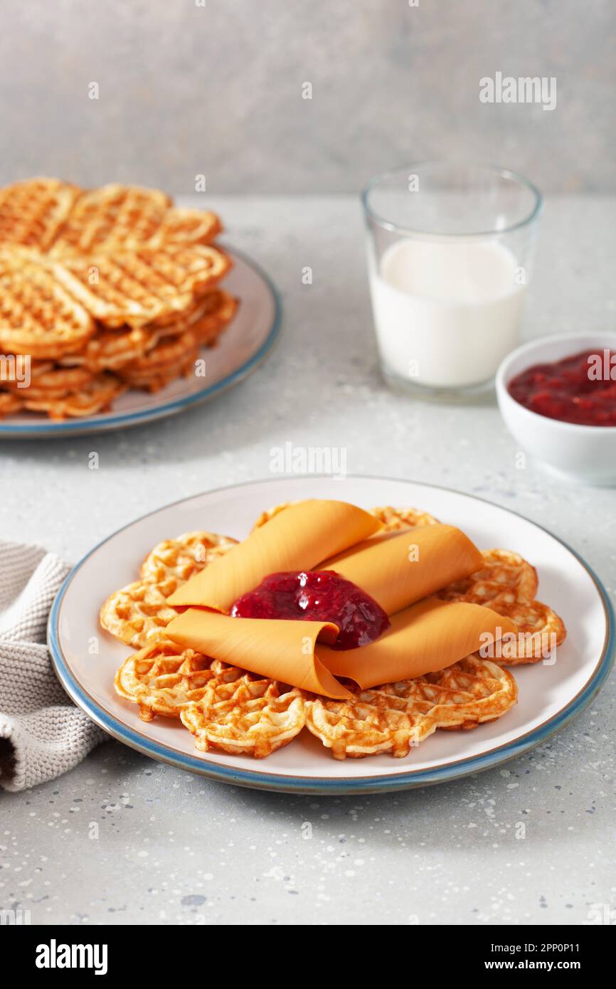 waffles with Norwegian brunost traditional brown cheese and raspberry ...