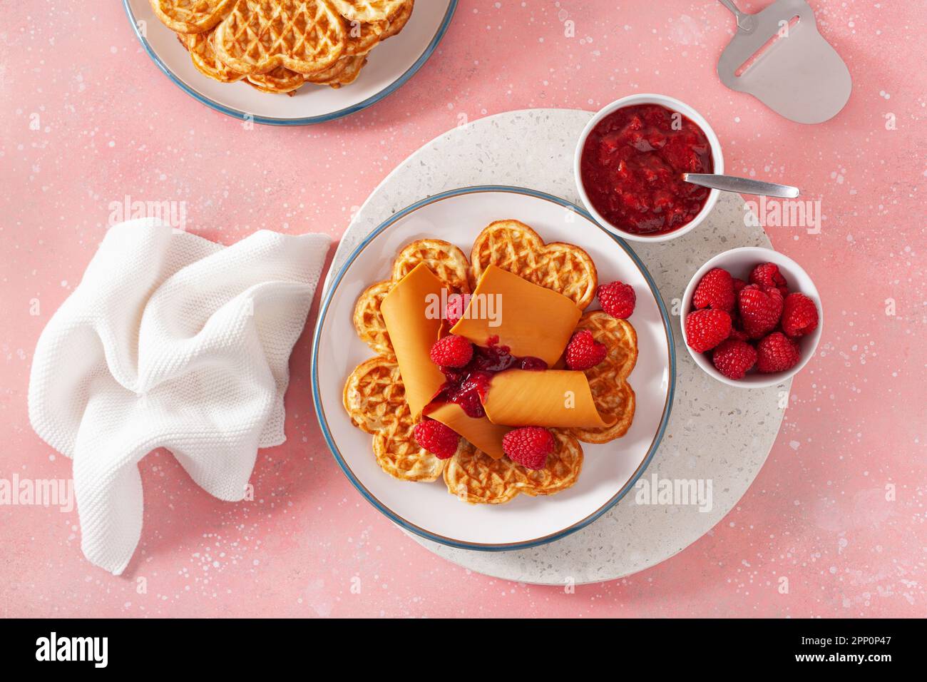 waffles with Norwegian brunost traditional brown cheese and raspberry ...