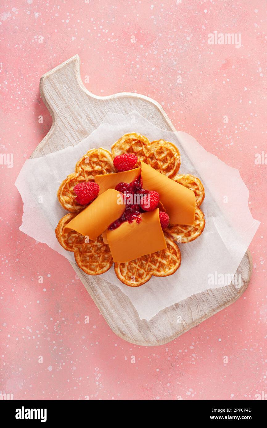 waffles with Norwegian brunost traditional brown cheese and raspberry ...