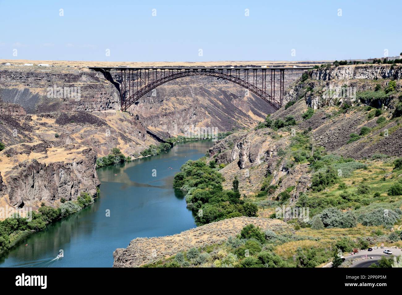 An aerial shot of the Perrine Bridge spanning Snake River Canyon on the ...