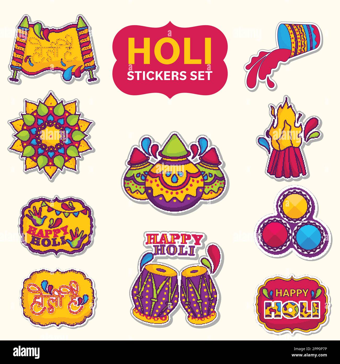 Vintage Style Holi Sticker Collection On Cosmic Latte Background Stock ...
