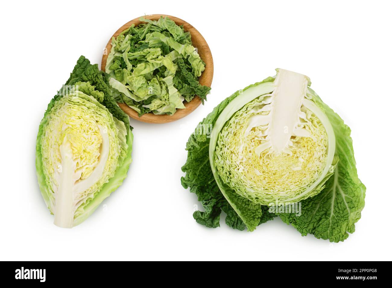 Savoy cabbage slice and chopped isolated on white background with full ...
