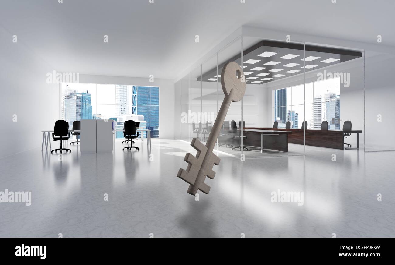 Conceptual background image of concrete key sign in modern office ...