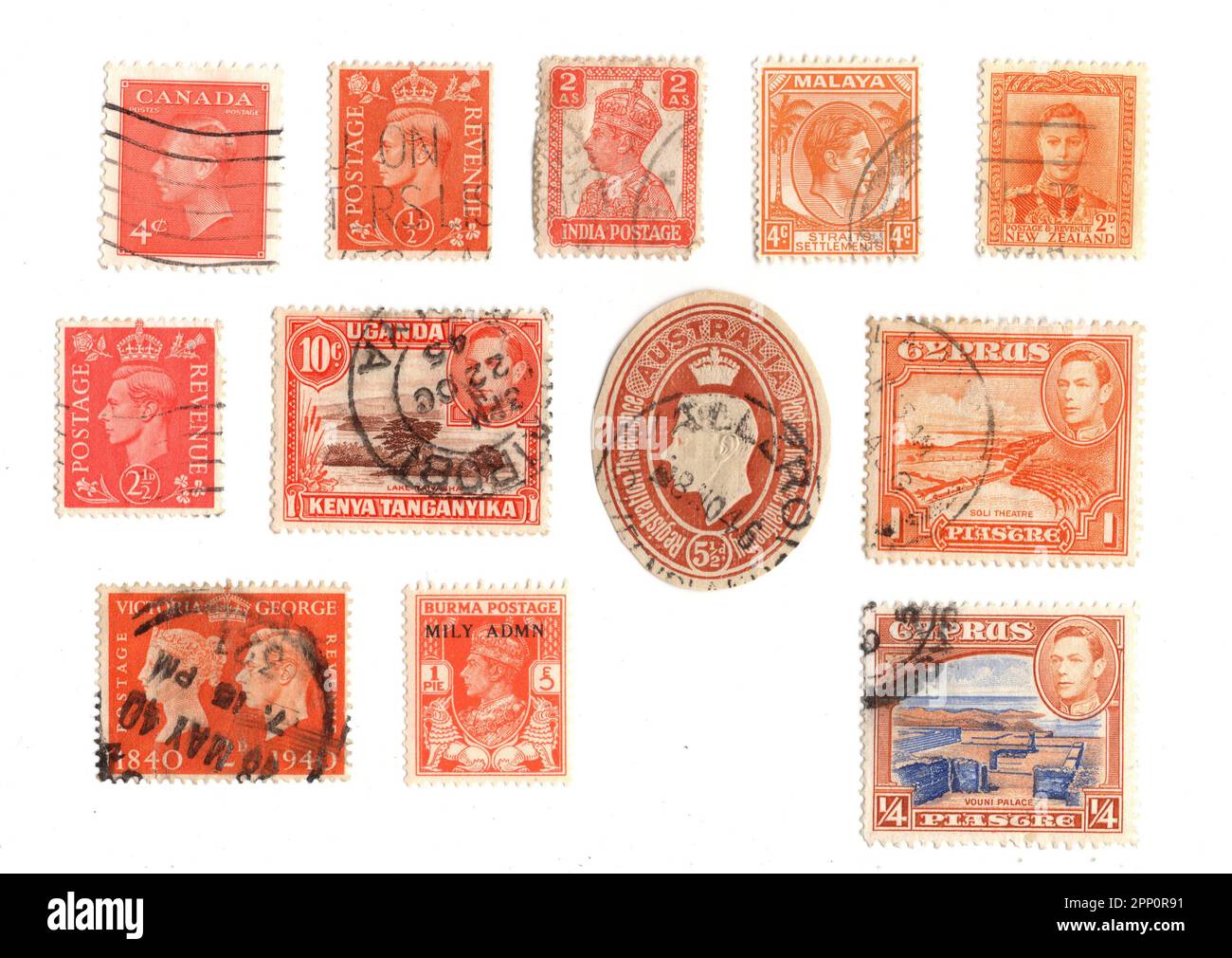 King George VI postage stamps from around the world isolated on a white ...