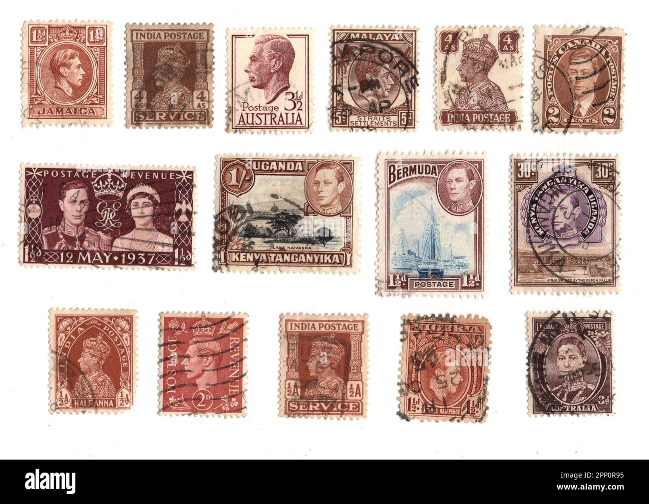 King George VI postage stamps from around the world isolated on a white ...