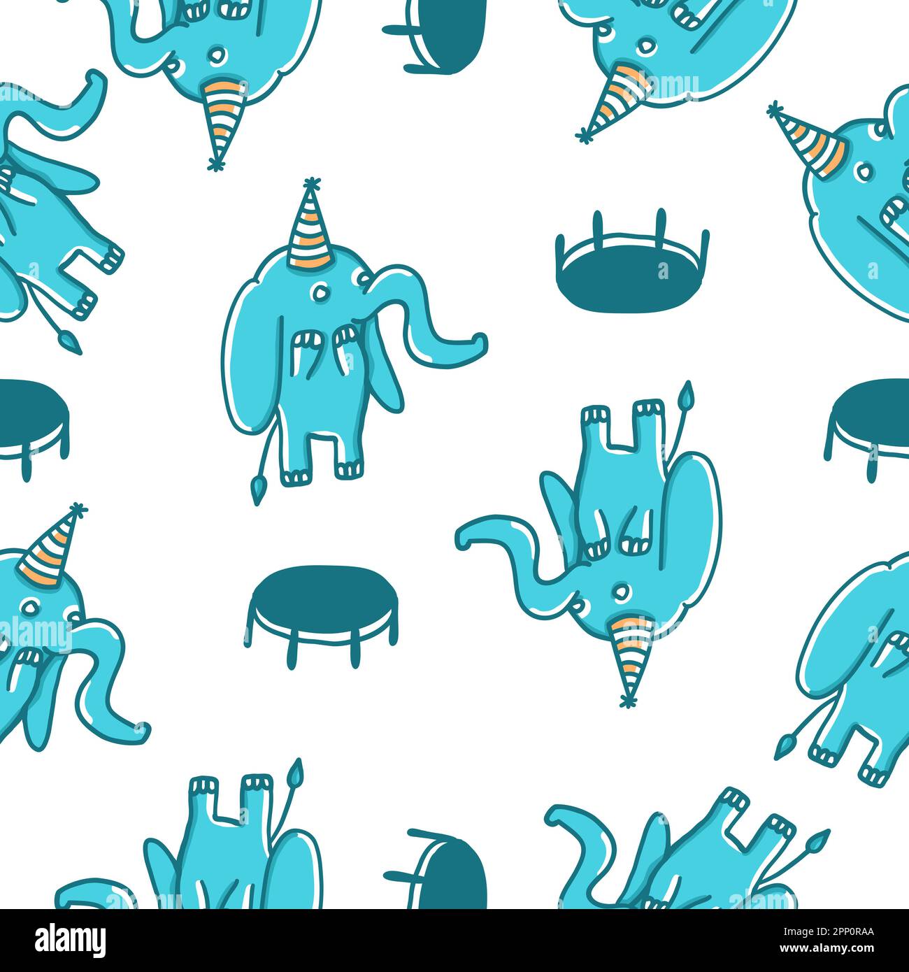 Happy elephant bouncing on trampoline. Vector seamless pattern in ...
