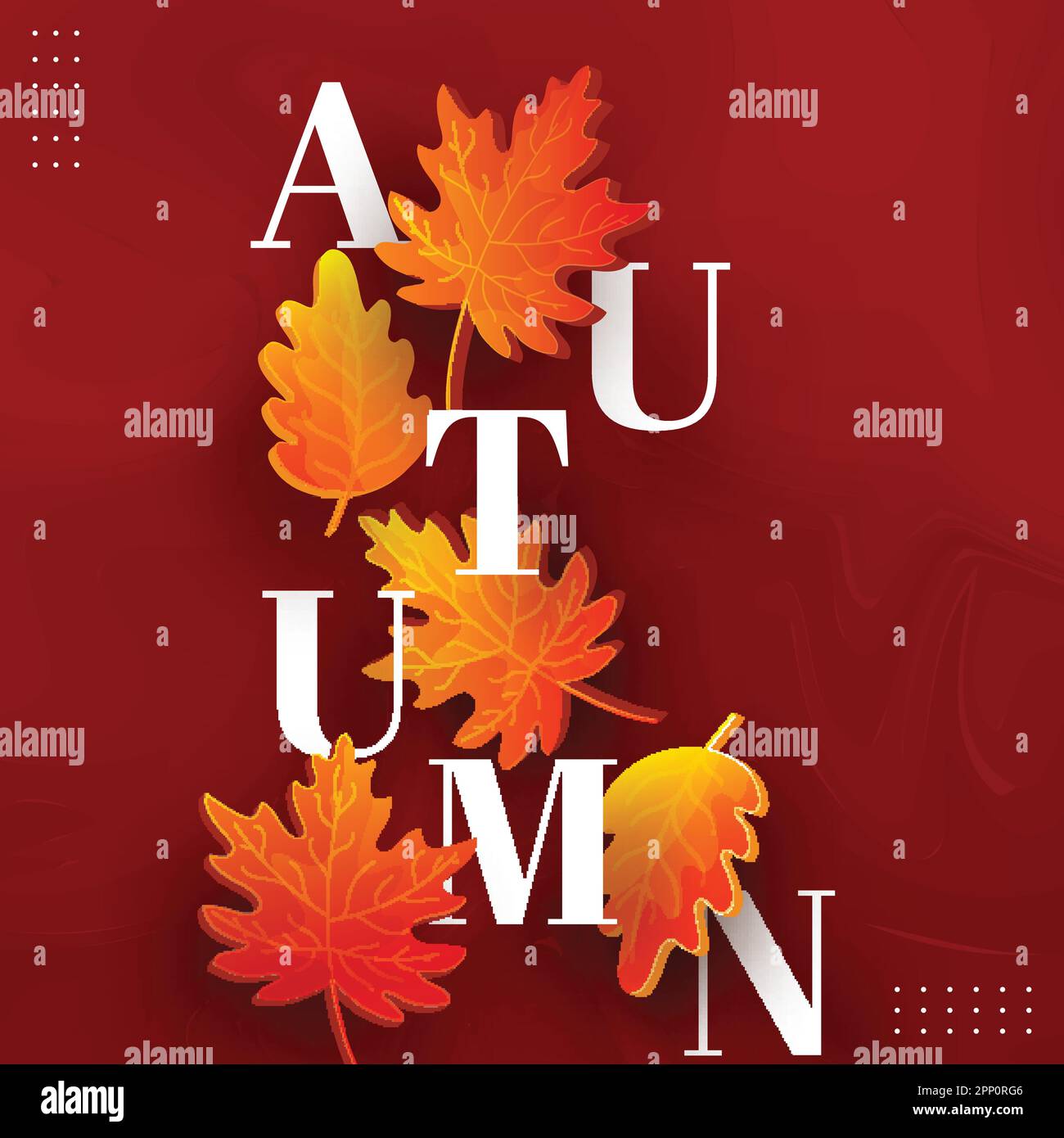Autumn Font With 3D Autumnal Leaves On Red Abstract Marble Texture ...