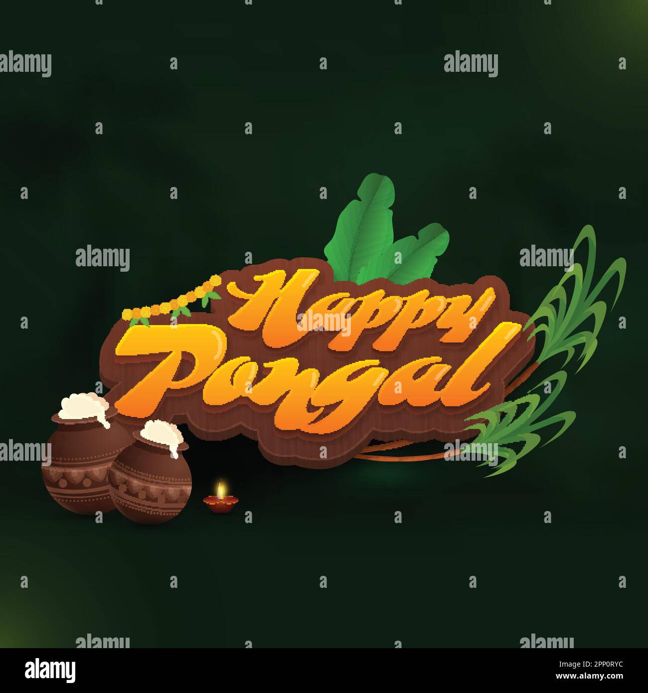 Happy Pongal Font Over Wooden Board With Traditional Food In Clay Pots ...