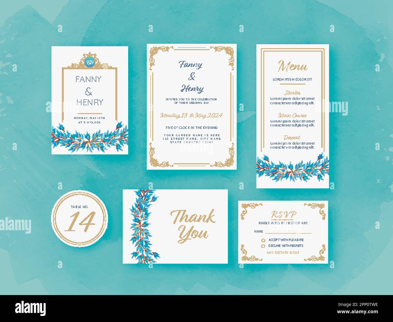 Editable Wedding Invitation Suite Against Turquoise Watercolor Brush ...