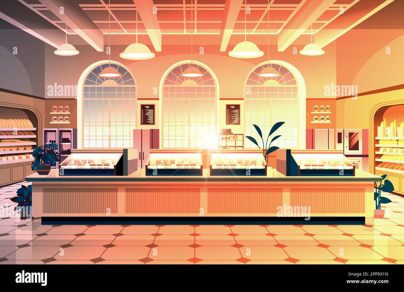 empty bakery interior shop showcase with fresh pastries sweets cakes ...