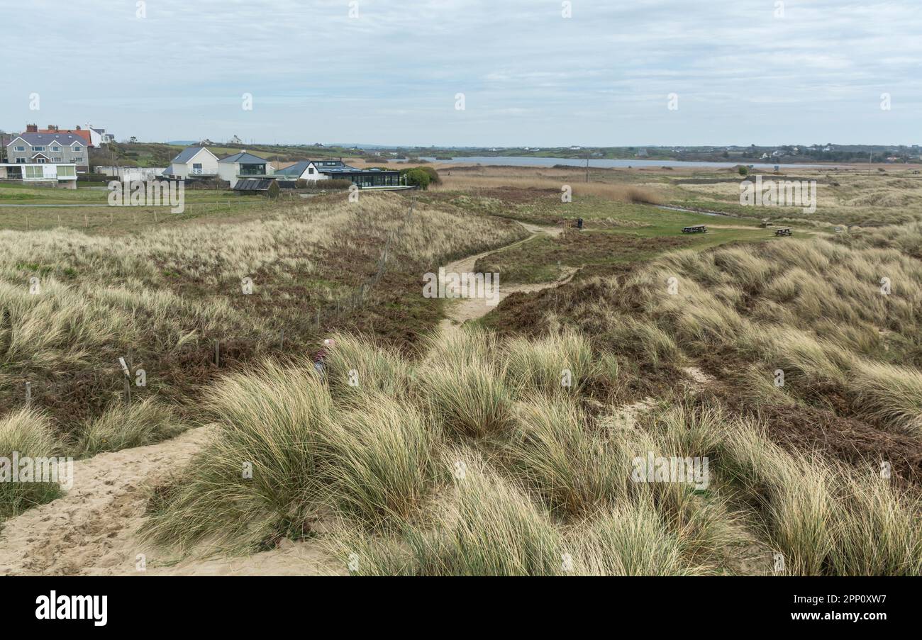 View towards Maelog lake from Traeth Llydan, Rhosneigr, Anglesey, North ...