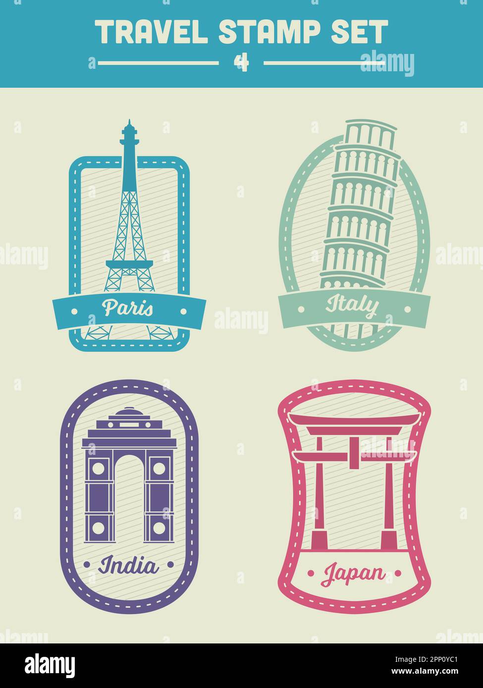 Four Country Travel Stamps With Monuments In Frame Collage Stock Vector ...