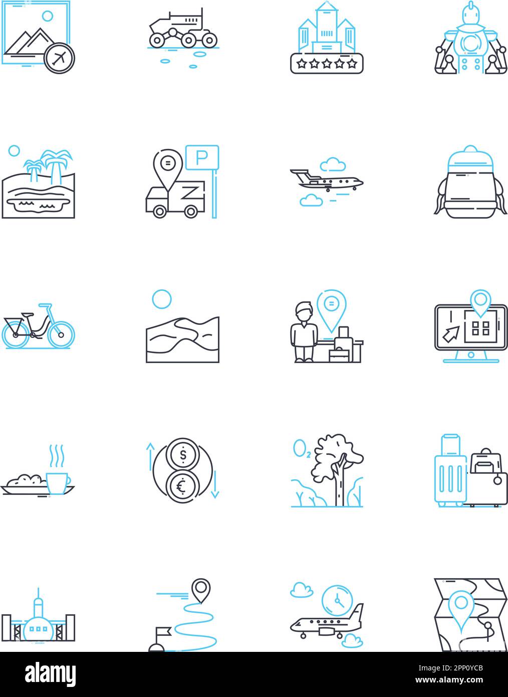 Airfield linear icons set. Runway, Hangar, Aircraft, Aerodrome ...