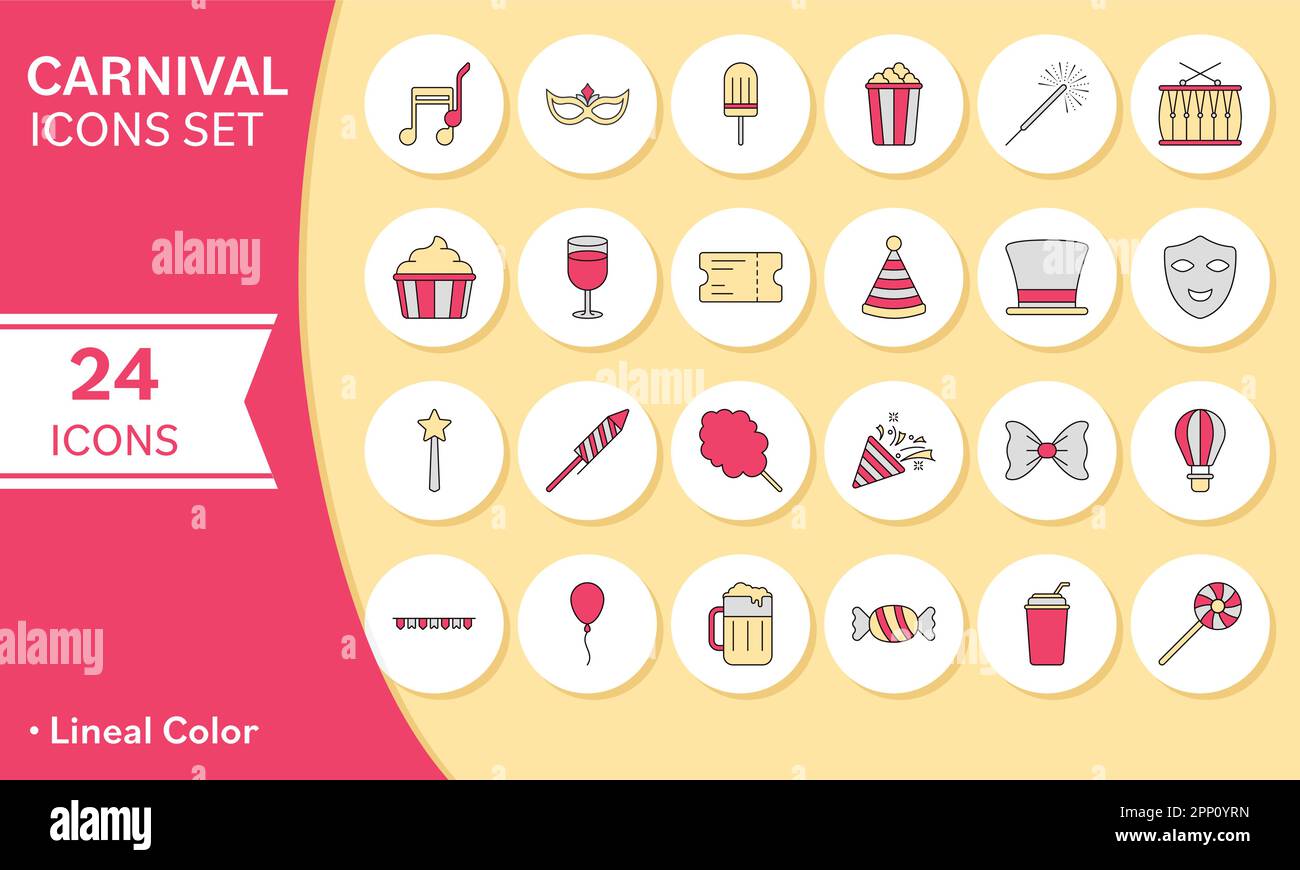 24 Carnival Icon Or Symbols In Yellow And Red Backgorund Stock Vector ...