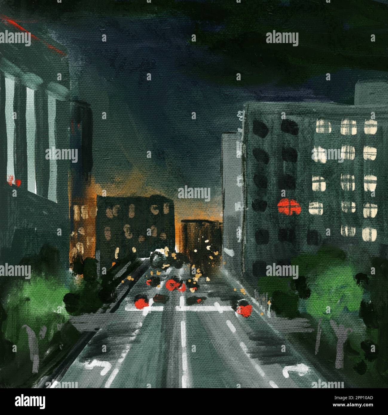 Hand drawn illustration oil painting of night cityscape, modern city ...