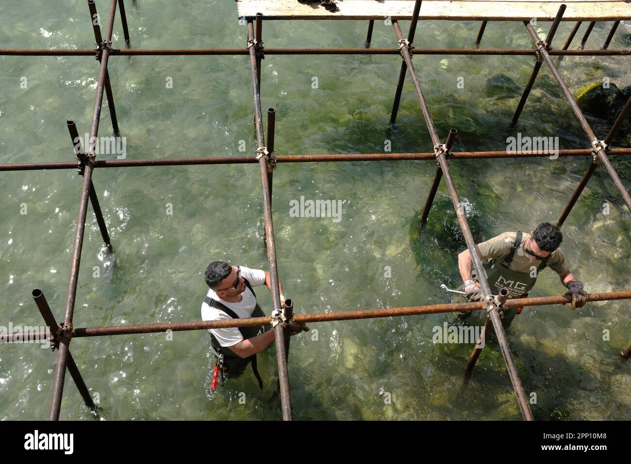 Constructing, building, erecting scaffolding in the sea, beach, to ...
