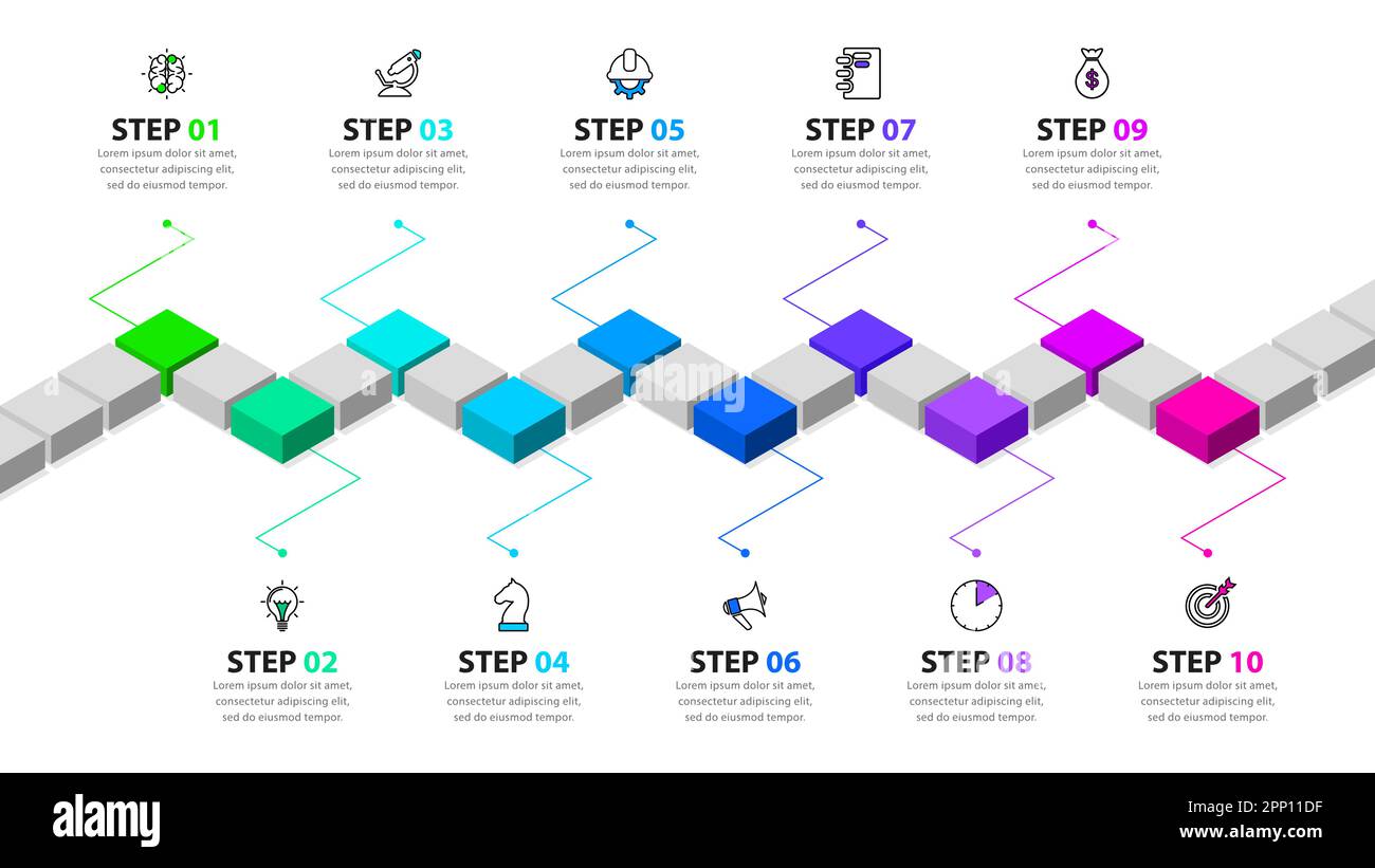 Infographic template with icons and 10 options or steps. Isometric timeline. Can be used for ...