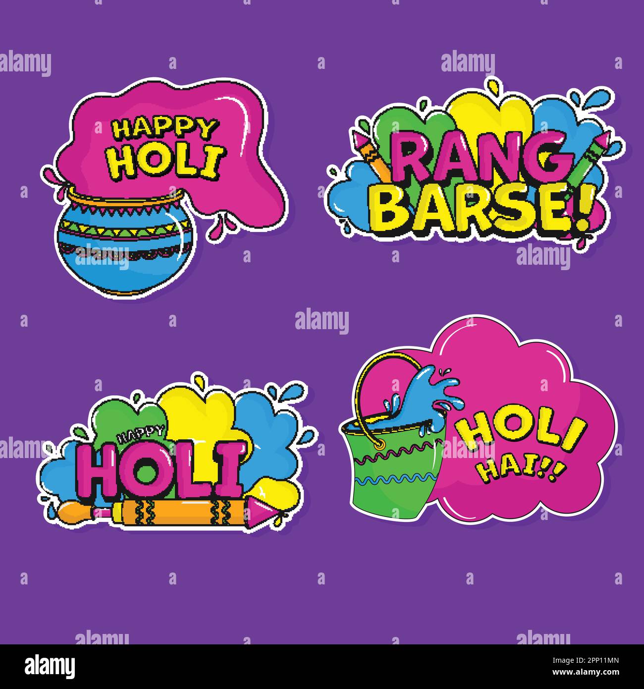 Sticker Style Holi Festival Quotes Collection Against Purple Background ...