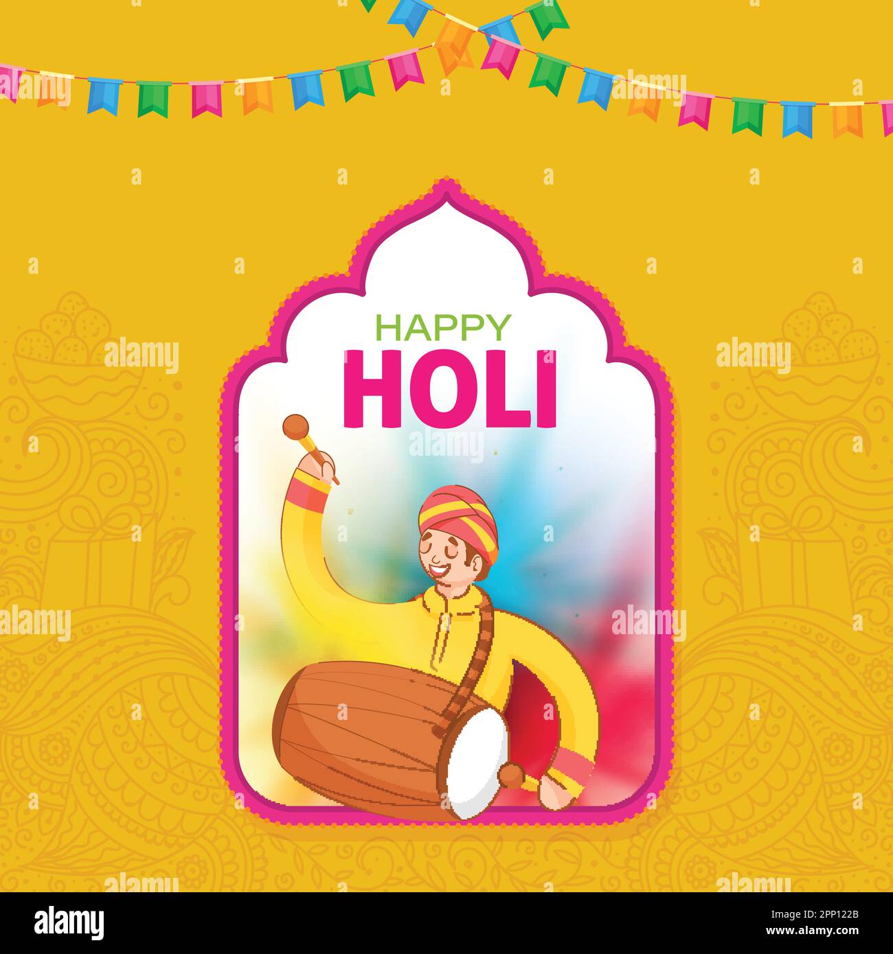 Happy Holi Celebration Concept With Indian Man Playing Dhol And Bunting ...