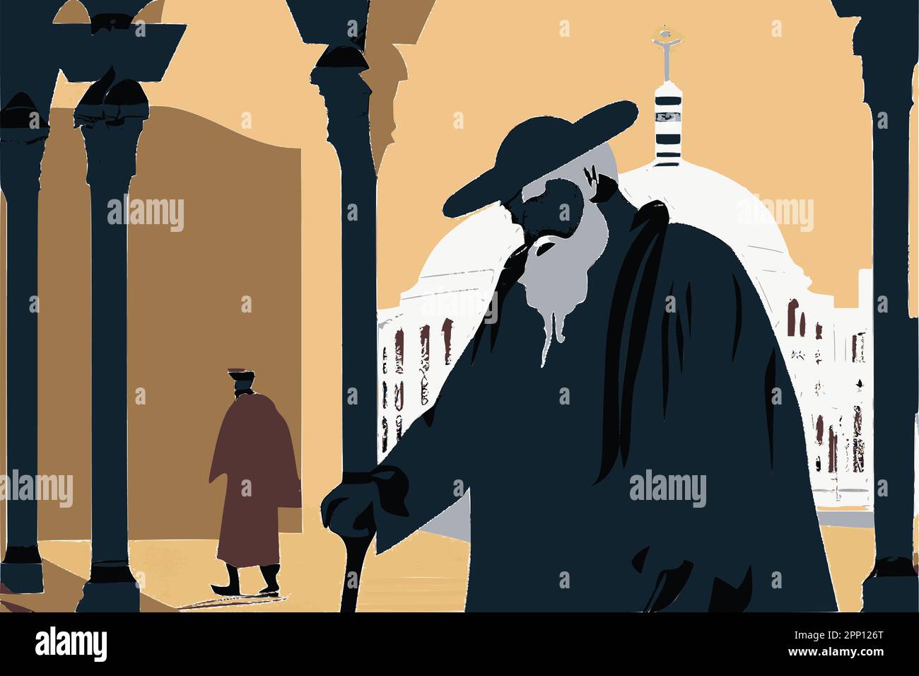 Tel Aviv street with a silhouette of an orthodox jew in traditional ...