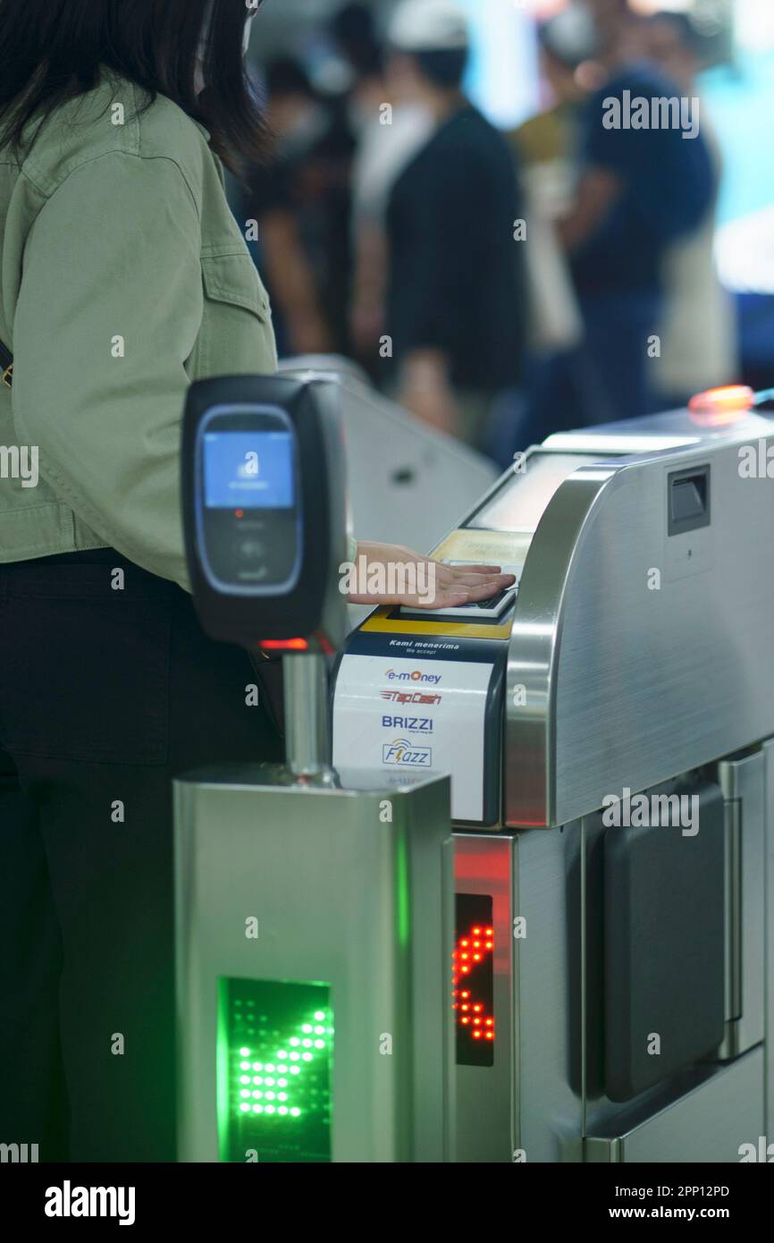 Close up of MRT tapping card in Jakarta, Indonesia. April 20, 2023 ...