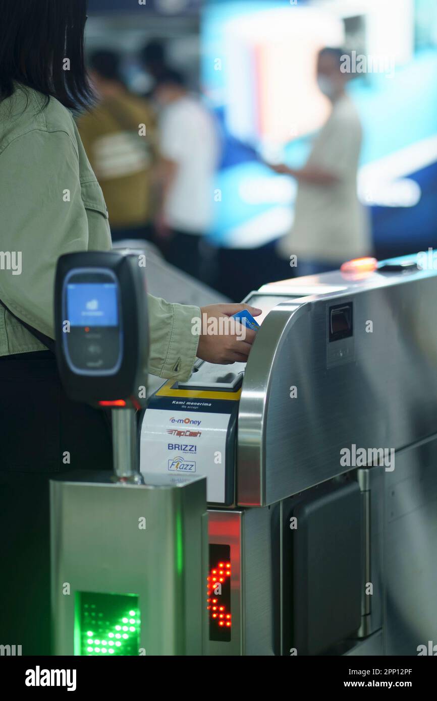 Close up of MRT tapping card in Jakarta, Indonesia. April 20, 2023 ...