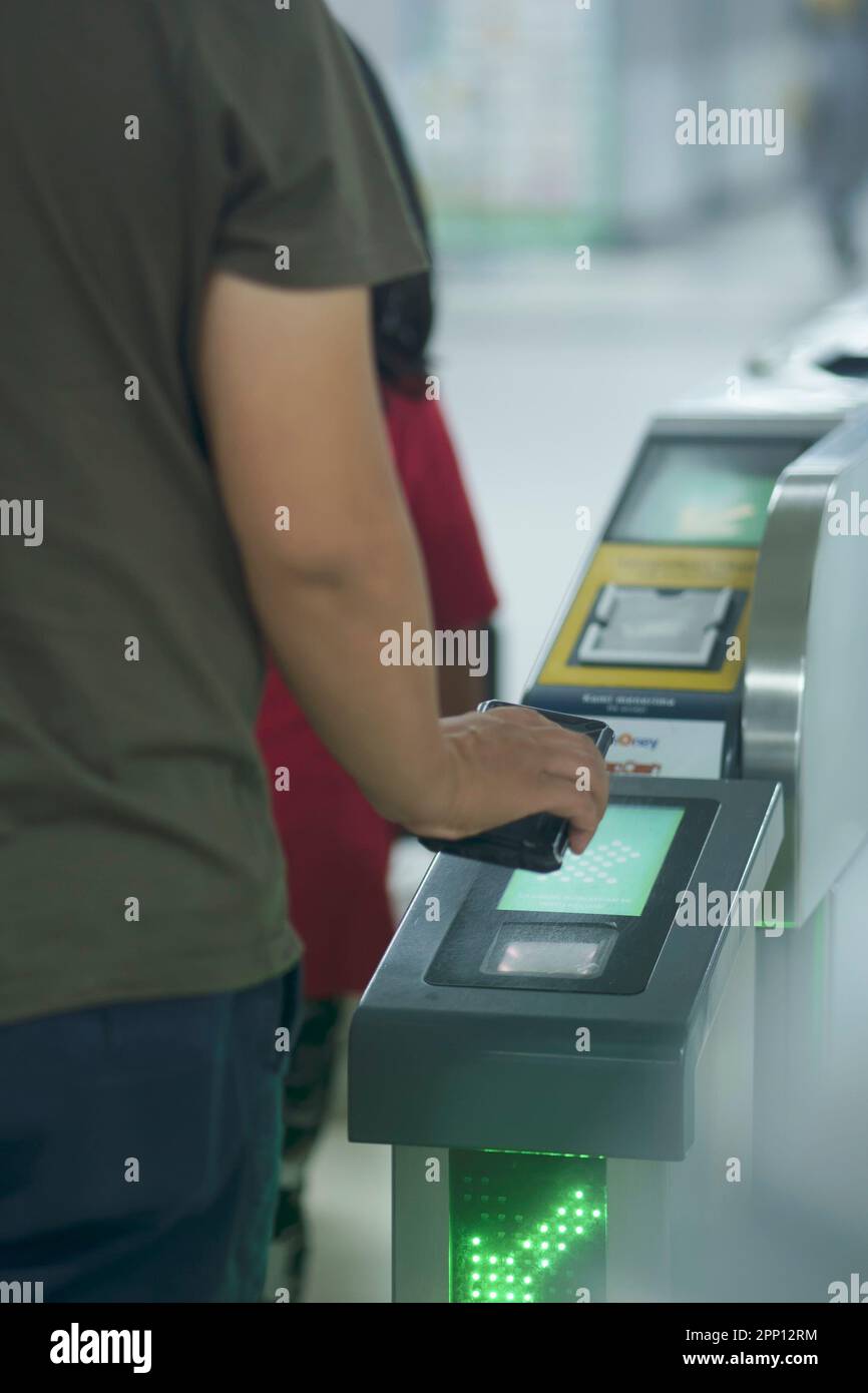 Close up of MRT tapping card in Jakarta, Indonesia. April 20, 2023 ...