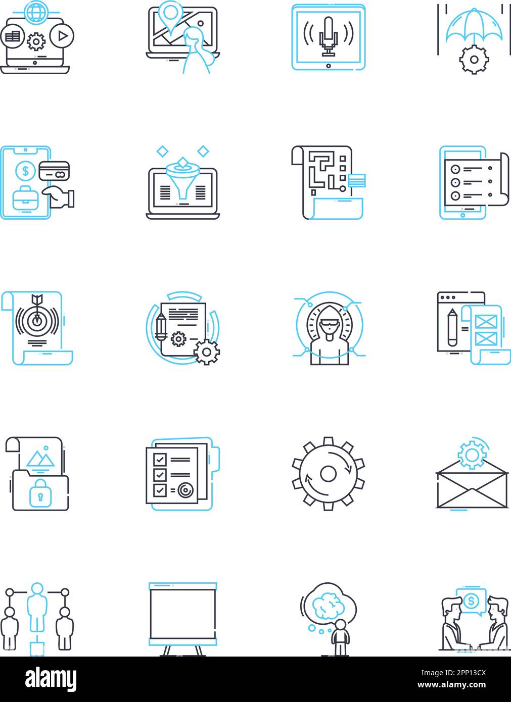 Industry planning linear icons set. Forecasting, Strategy, Analysis ...