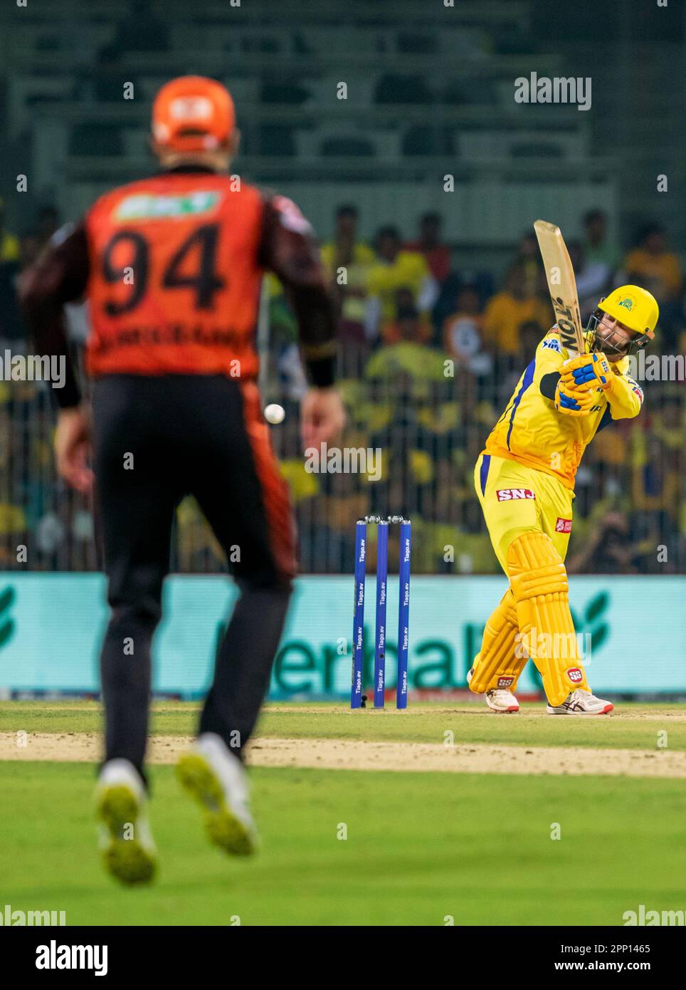 Chennai Super Kings' Devon Conway plays a shot during the Indian Premier League cricket match ...