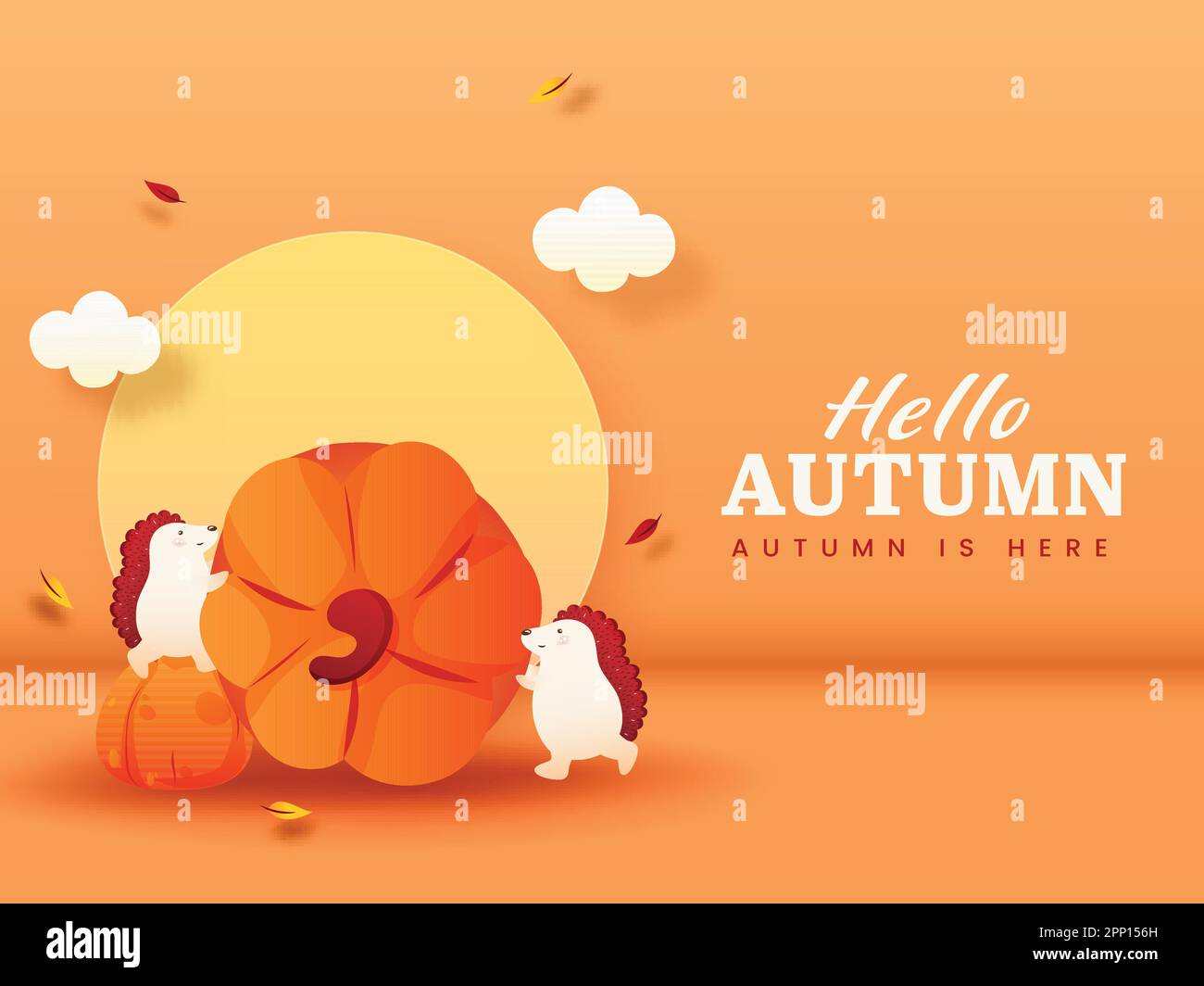 Hello Autumn Font With Cartoon Hedgehog Holding Pumpkins, Clouds And ...
