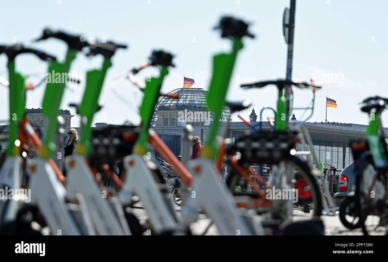 Berlin, Germany. 21st Apr, 2023. Several electric scooters are parked ...