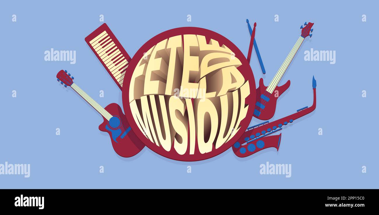 French World Music Day design with instruments - graphic stylized type ...