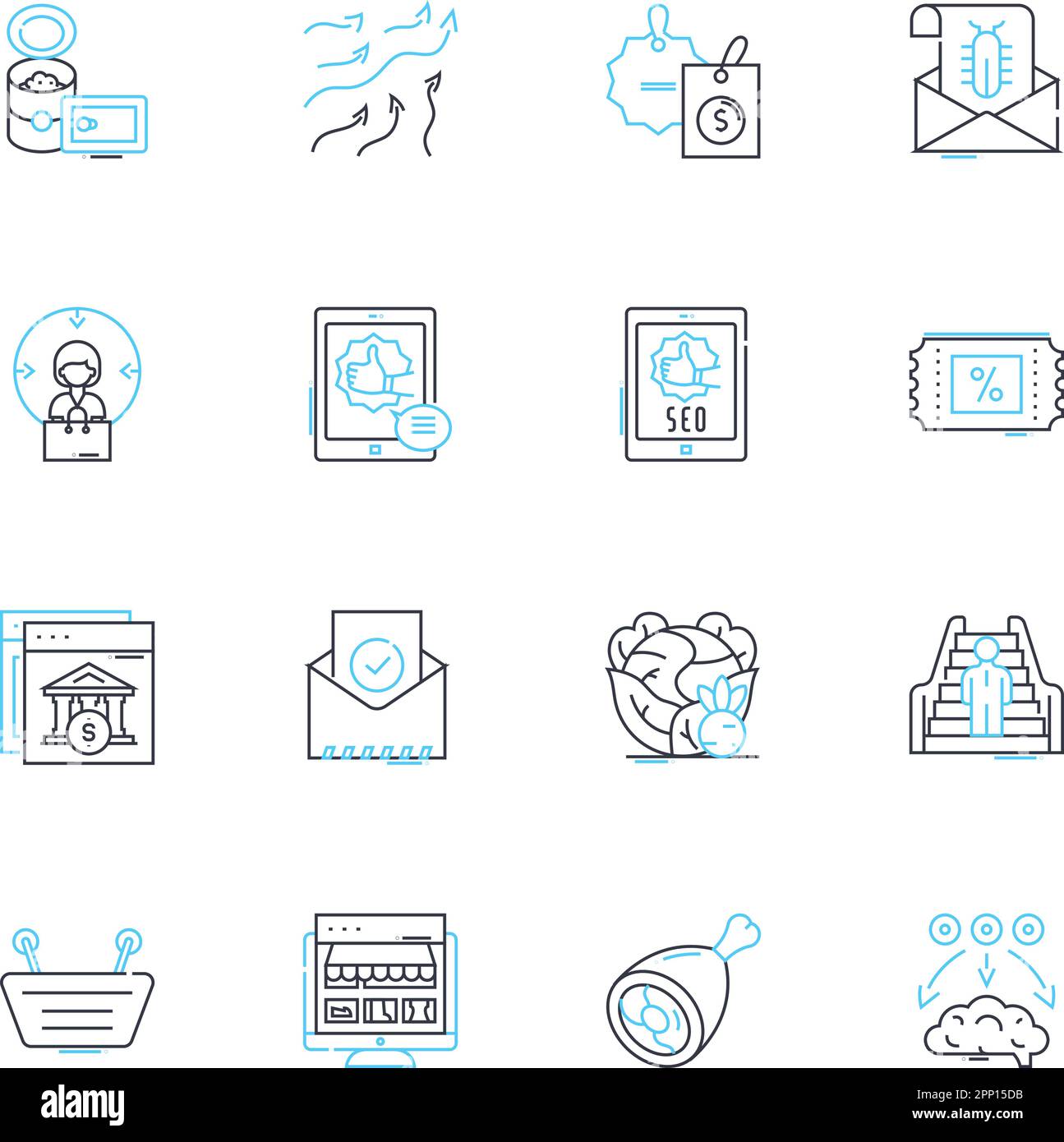 Marketing strategy linear icons set. Analysis, Branding, Campaigns ...