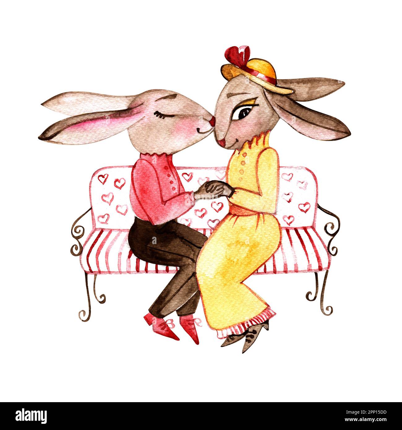 Cute cartoon hares wedding couple kissing. Watercolor illustration ...