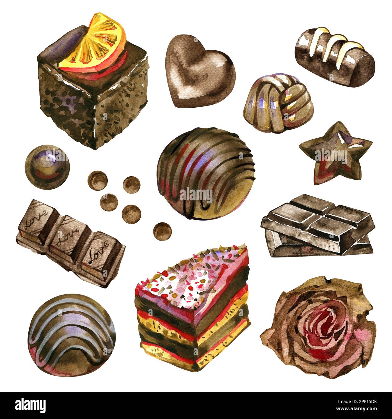 Set of chocolates drawing by watercolor at white background, hand drawn ...