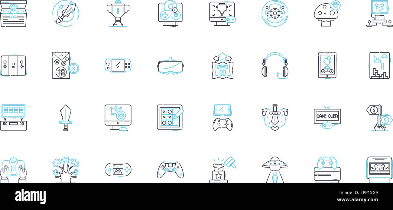 Amusement linear icons set. Thrill, Fun, Happiness, Adventure, Excitement, Laughter, Enjoyment ...