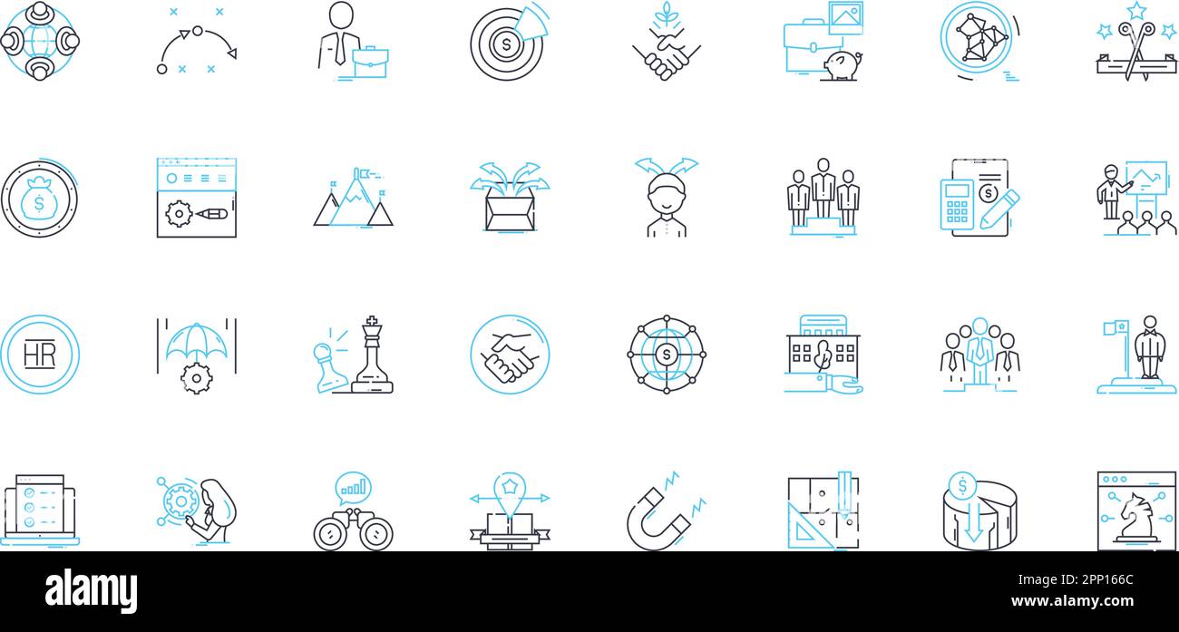 Takeover linear icons set. Buyout, Acquisition, Merger, Control ...