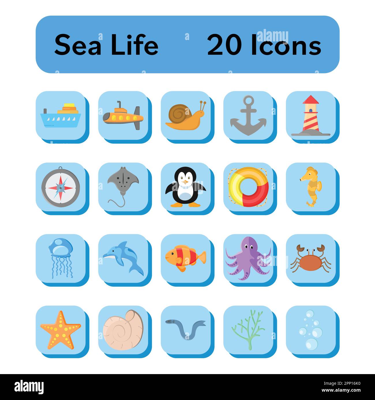 Flat Style Sea Life Animal With Equipment Icon Set On Blue Square ...